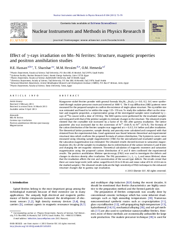 (PDF) Effect of γ-rays irradiation on Mn–Ni ferrites: Structure ...