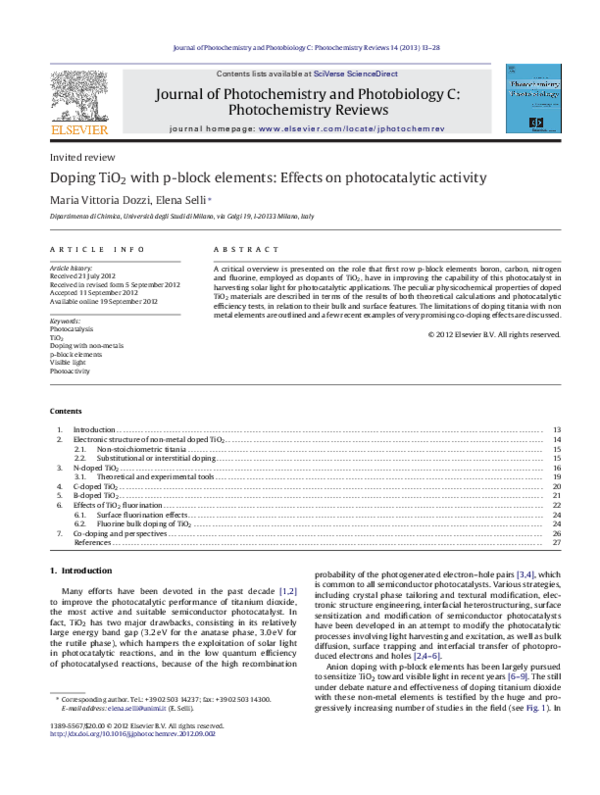Pdf Doping Tio2 With P Block Elements Effects On Photocatalytic Activity