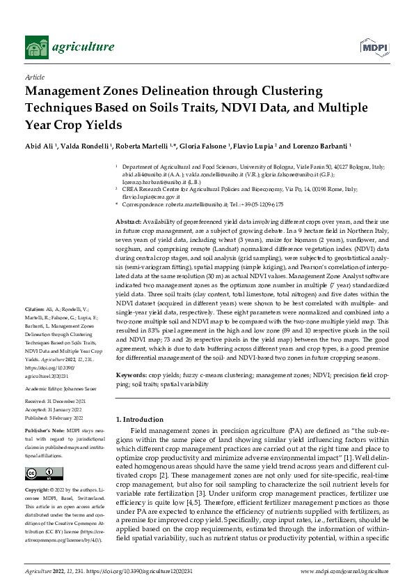 (PDF) Management Zones Delineation through Clustering Techniques Based on Soils Traits, NDVI ...