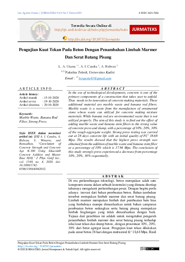 (PDF) Pengujian Kuat Tekan Pada Beton Dengan Penambahan Limbah Marmer Dan Serat Batang Pisang