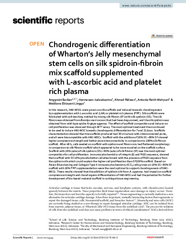(PDF) Chondrogenic differentiation of Wharton’s Jelly mesenchymal stem cells on silk spidroin ...