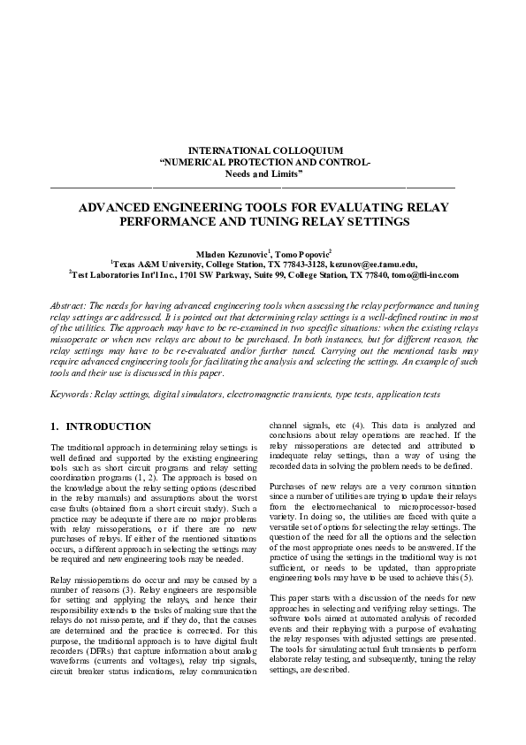 (PDF) Advanced Engineering Tools for Evaluating Relay Performance and Turning Relay Settings