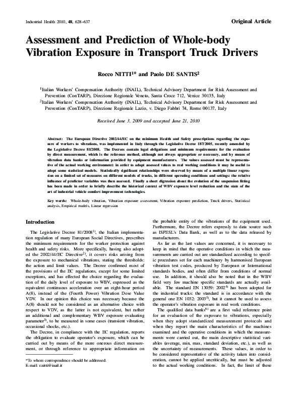 (PDF) Assessment and Prediction of Whole-body Vibration Exposure in ...
