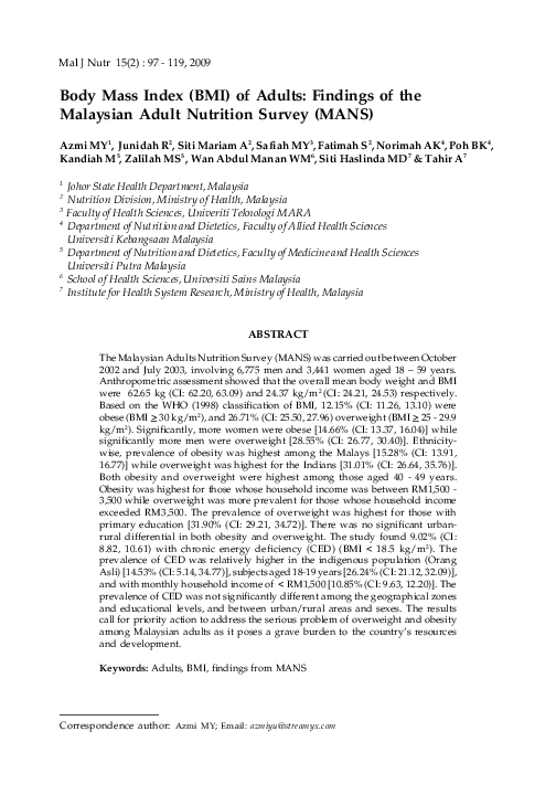 (PDF) Body Mass Index (BMI) of Adults: Findings of the Malaysian Adult Nutrition Survey (MANS)