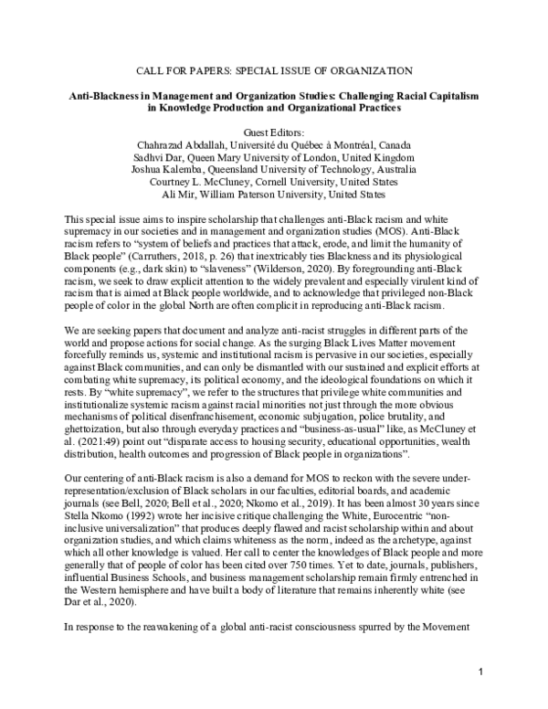 (PDF) SPECIAL ISSUE OF ORGANIZATION Anti-Blackness in Management and Organization Studies ...