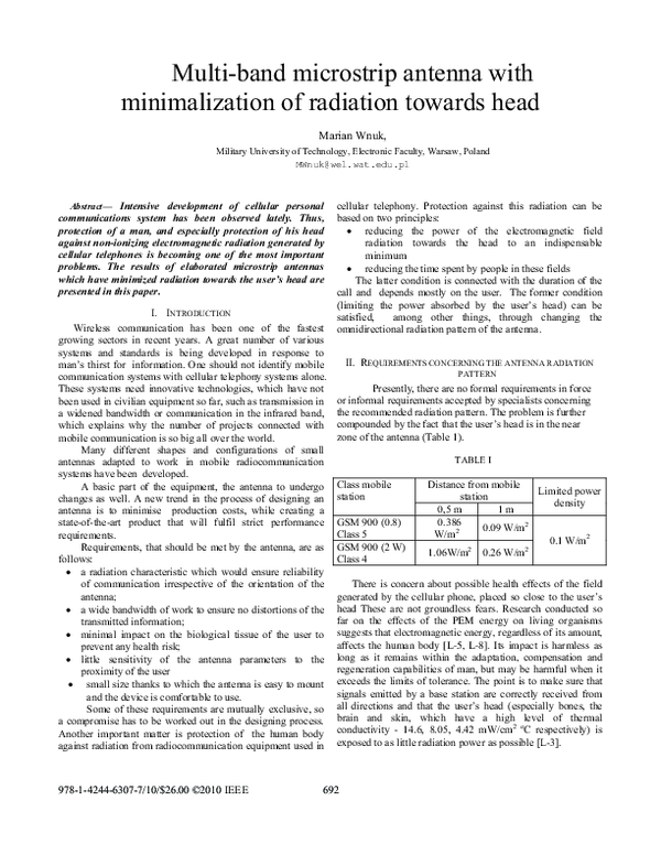 (PDF) Multi-band microstrip antenna with minimalization of radiation towards head | Marian Wnuk ...