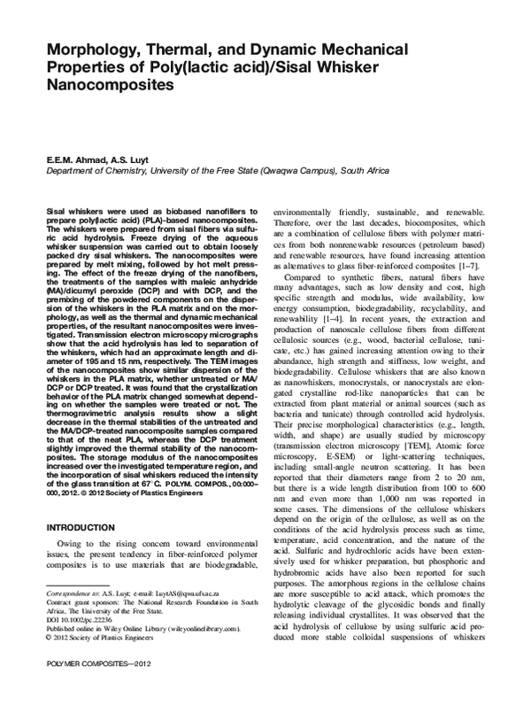 (PDF) Morphology, thermal, and dynamic mechanical properties of poly(lactic acid)/sisal whisker ...
