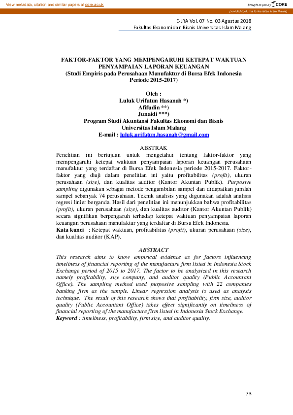 (PDF) FAKTOR-FAKTOR YANG MEMPENGARUHI KETEPAT WAKTUAN PENYAMPAIAN LAPORAN KEUANGAN (Studi ...