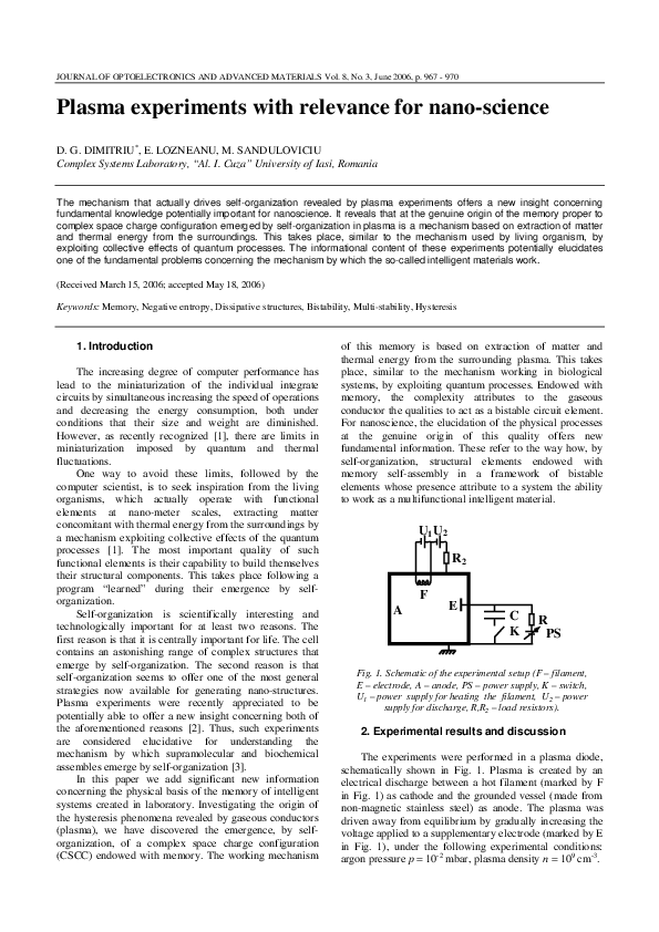 (PDF) Plasma experiments with relevance for nano-science