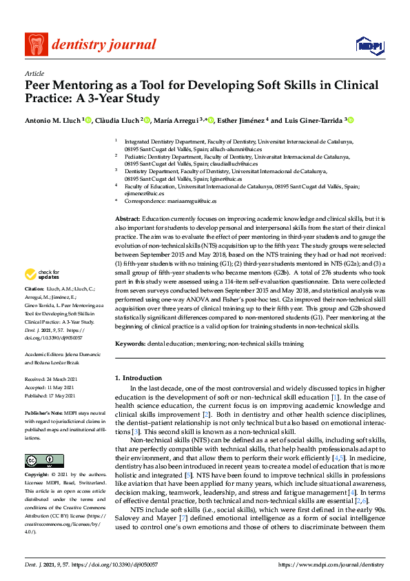 (PDF) Peer Mentoring as a Tool for Developing Soft Skills in Clinical Practice: A 3-Year Study