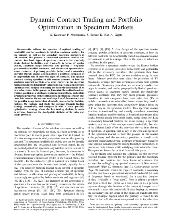 (PDF) Dynamic Contract Trading and Portfolio Optimization in Spectrum Markets | Aparna Gupta ...
