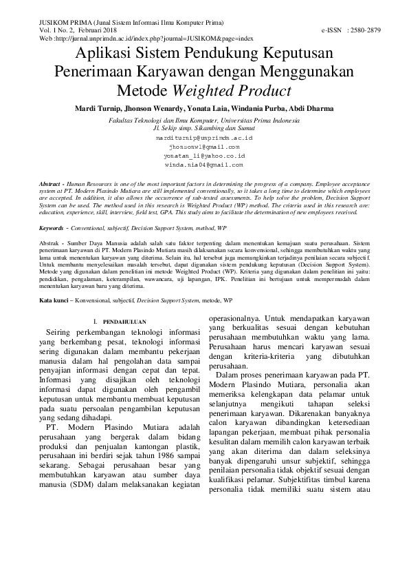 (PDF) Aplikasi Sistem Pendukung Keputusan Penerimaan Karyawan dengan Menggunakan Metode Weighted ...