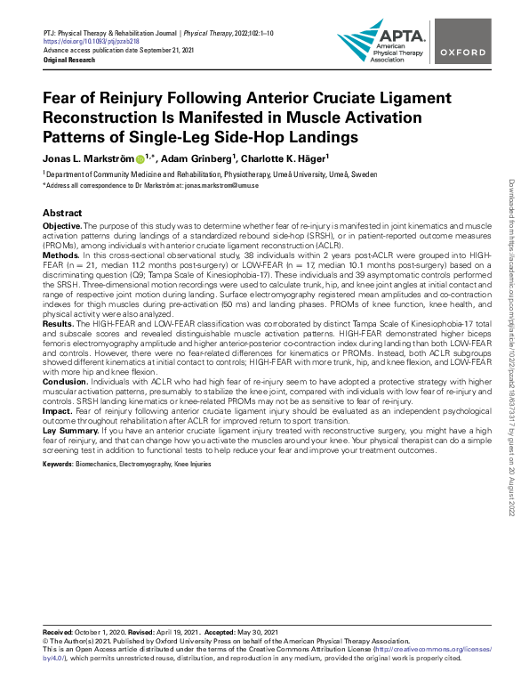 (PDF) Fear of Reinjury Following Anterior Cruciate Ligament ...