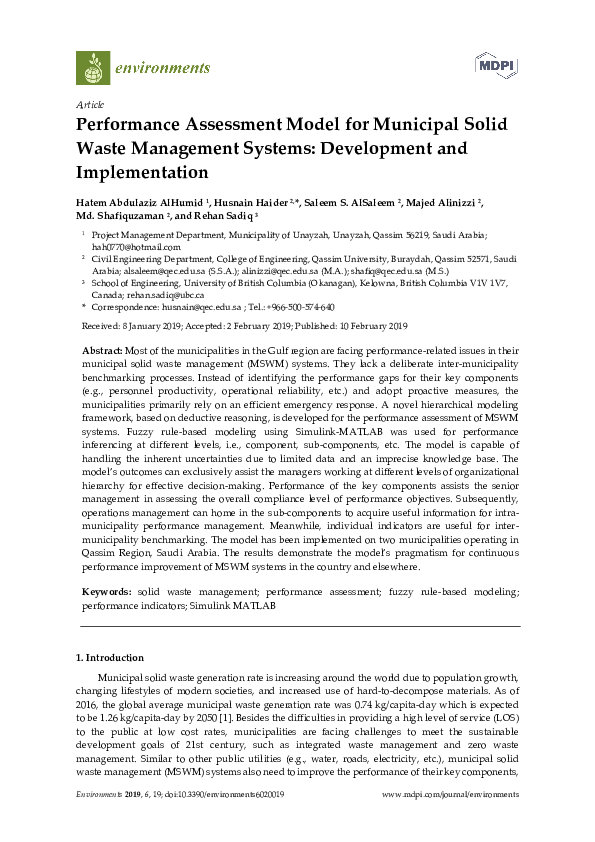(PDF) Performance Assessment Model for Municipal Solid Waste Management Systems: Development and ...