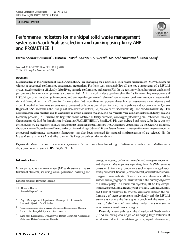 (PDF) Performance indicators for municipal solid waste management systems in Saudi Arabia ...