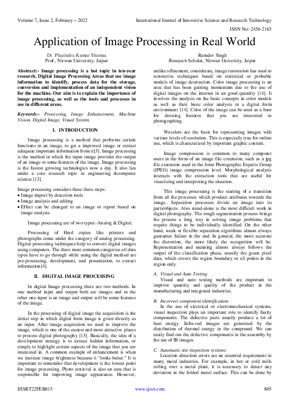 (PDF) Application of Image Processing in Real World