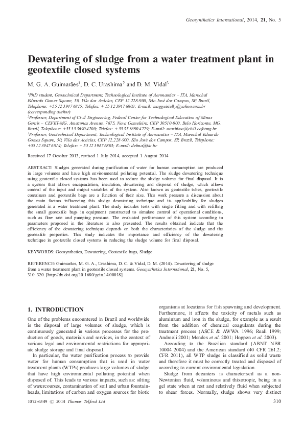 (PDF) Dewatering of sludge from a water treatment plant in geotextile closed systems