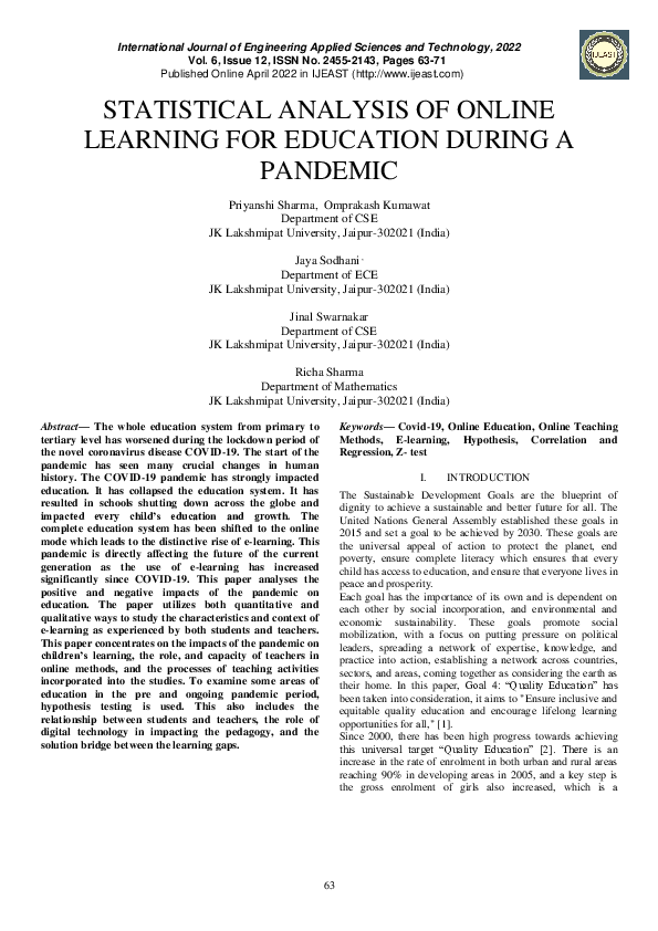 (PDF) Statistical Analysis of Online Learning for Education During a ...