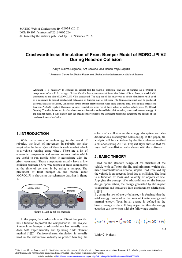 Pdf Crashworthiness Simulation Of Front Bumper Model Of Morolipi V2 During Head On Collision