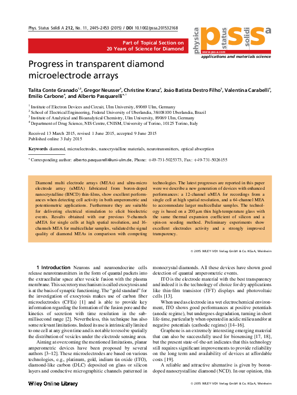 (PDF) Progress in transparent diamond microelectrode arrays