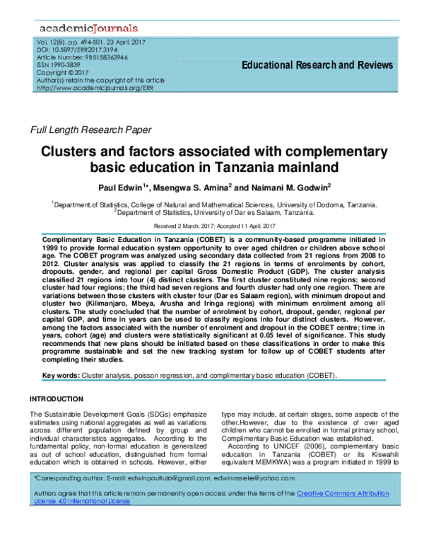 (PDF) Clusters and factors associated with complementary basic education in Tanzania mainland