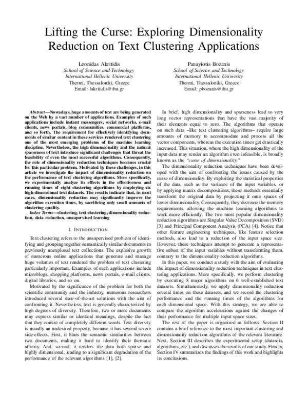 (PDF) Lifting the Curse: Exploring Dimensionality Reduction on Text Clustering Applications