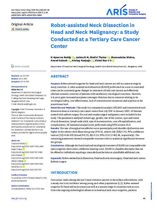 (PDF) Robot-assisted Neck Dissection in Head and Neck Malignancy: a ...