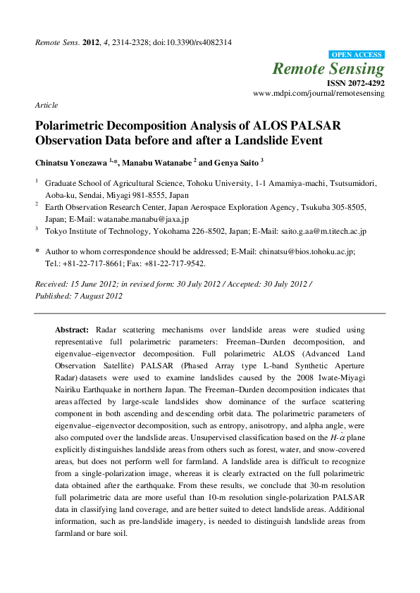 (PDF) Polarimetric Decomposition Analysis of ALOS PALSAR Observation Data before and after a ...