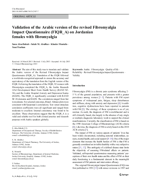 (PDF) Validation of the Arabic version of the revised Fibromyalgia ...