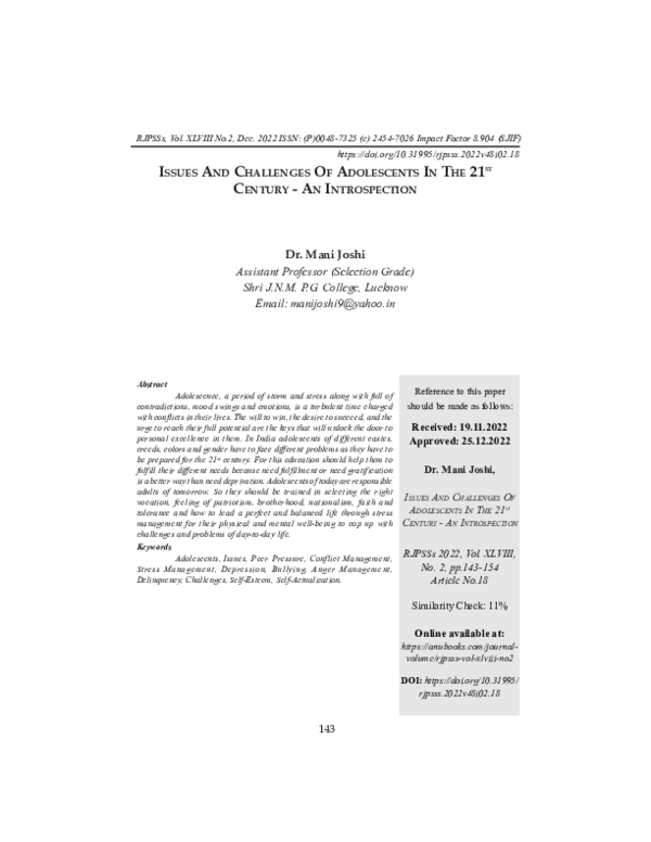 (PDF) ISSUES AND CHALLENGES OF ADOLESCENTS IN THE 21 ST CENTURY -AN ...