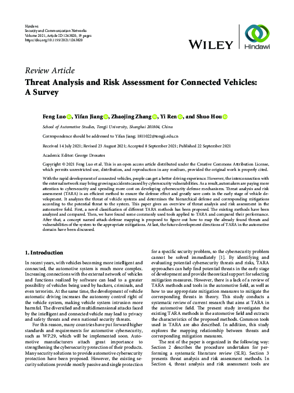 (PDF) Threat Analysis and Risk Assessment for Connected Vehicles: A Survey