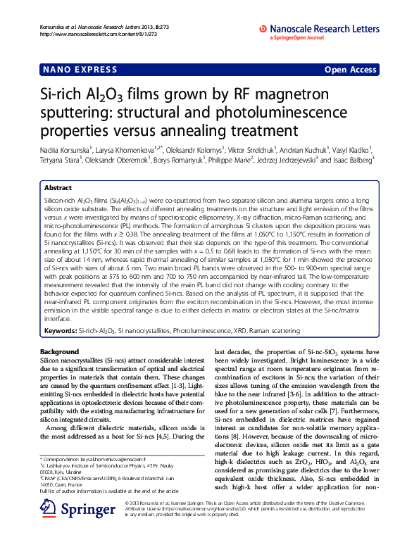 (PDF) Si-rich Al2O3 films grown by RF magnetron sputtering: structural and photoluminescence ...