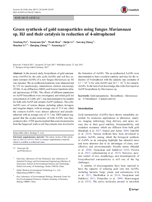 (PDF) Green synthesis of gold nanoparticles using fungus Mariannaea sp. HJ and their catalysis ...