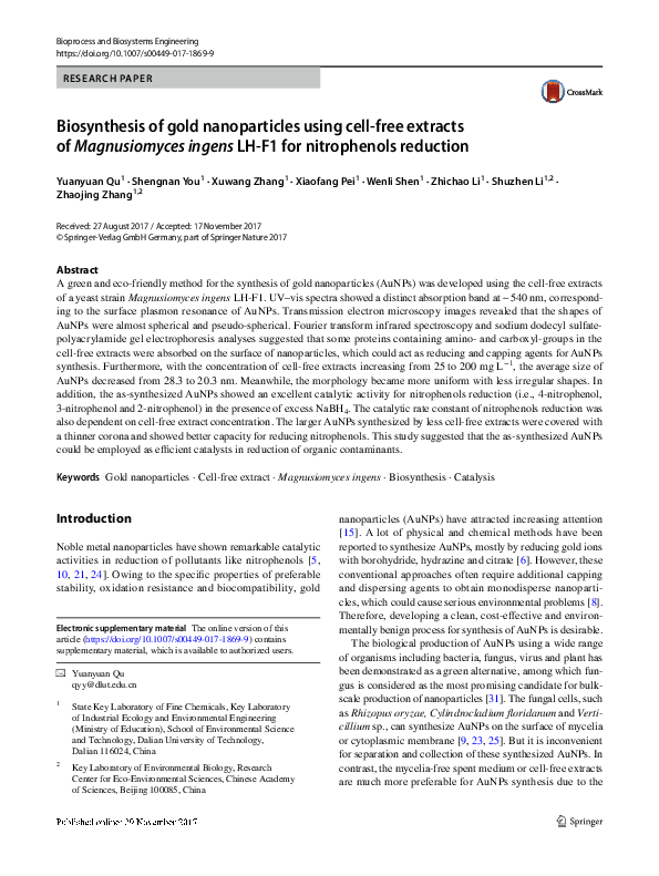 (PDF) Biosynthesis of gold nanoparticles using cell-free extracts of ...