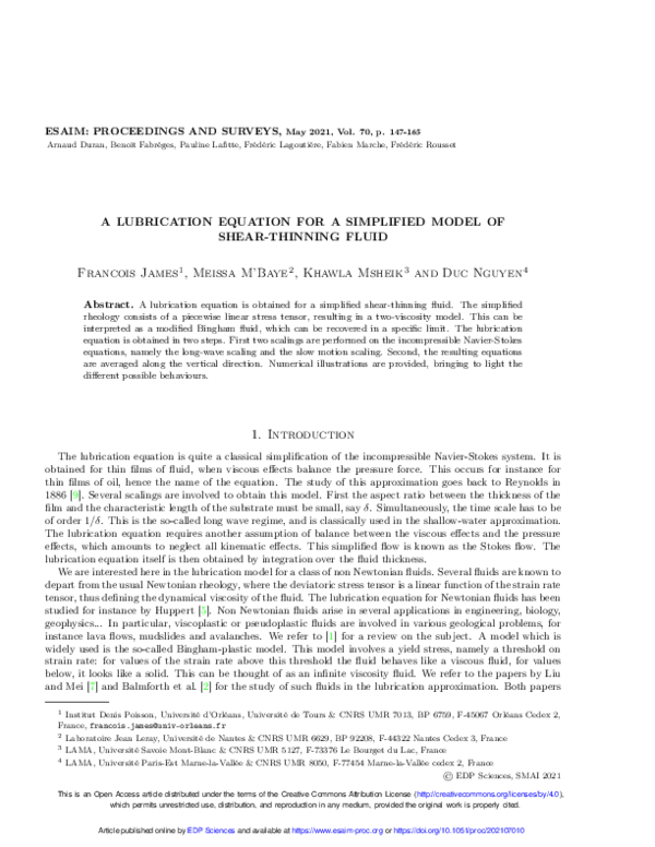 (PDF) A lubrication equation for a simplified model of shear-thinning fluid
