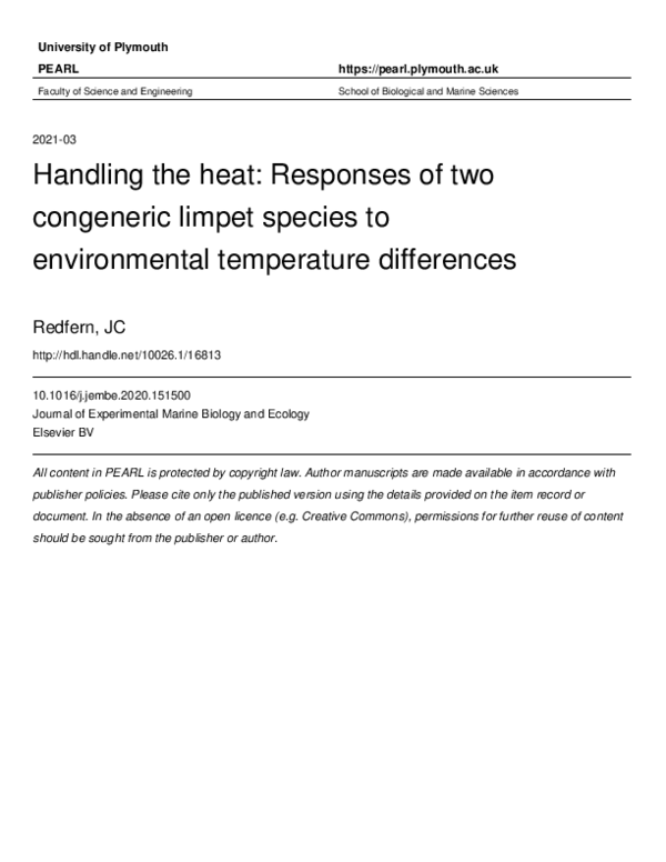 (PDF) Handling the heat: Responses of two congeneric limpet species to ...