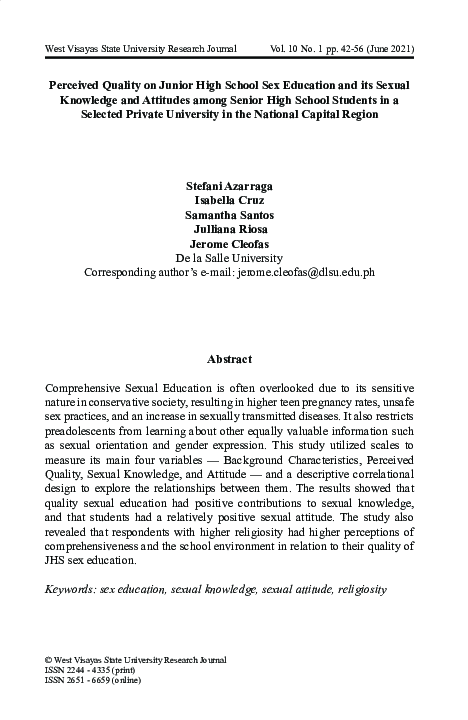 (PDF) Perceived Quality on Junior High School Sex Education and its ...