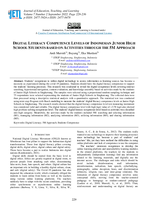 (PDF) Digital Literacy Competence Levels of Indonesian Junior High ...