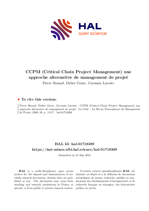 (PDF) CCPM (Critical Chain Project Management) une approche alternative de management de projet