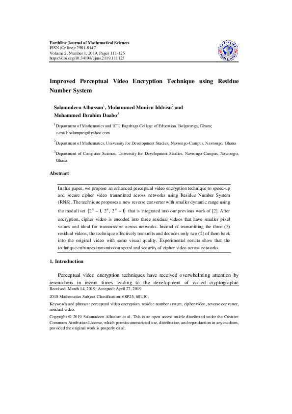 (PDF) Improved Perceptual Video Encryption Technique using Residue Number System | mohammed ...