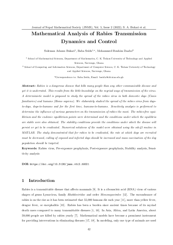 (PDF) Mathematical Analysis of Rabies Transmission Dynamics and Control