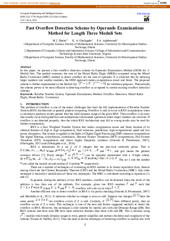 (PDF) Fast Overflow Detection Scheme by Operands Examinations Method for Length Three Moduli ...