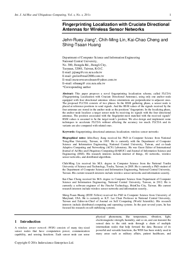 Pdf Fingerprinting Localisation With Cruciate Directional Antennas For Wireless Sensor