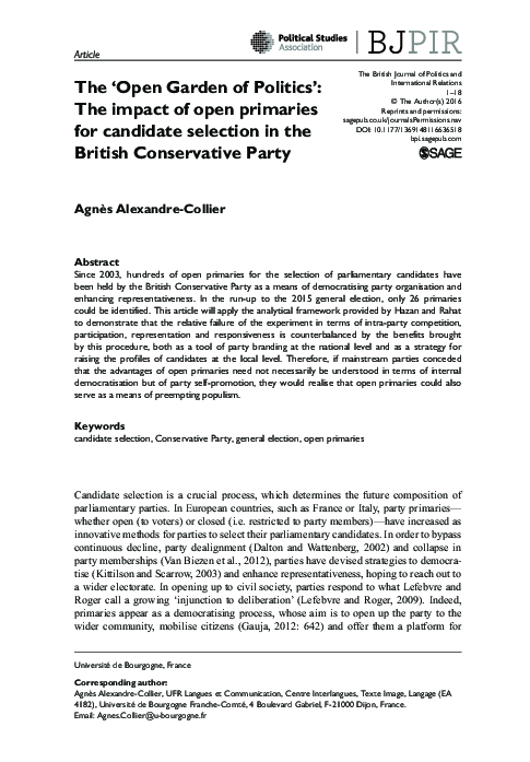 (PDF) The ‘Open Garden of Politics’: The impact of open primaries for ...