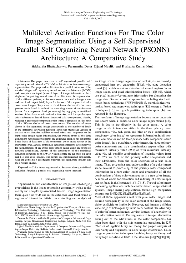 Pdf Multilevel Activation Functions For True Color Image Segmentation Using A Self Supervised