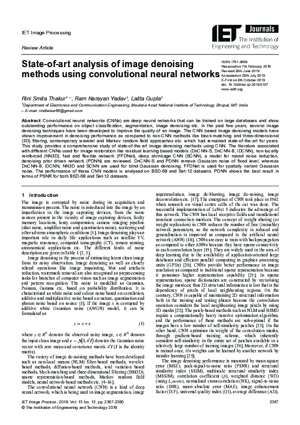 Pdf State‐of‐art Analysis Of Image Denoising Methods Using Convolutional Neural Networks Mr