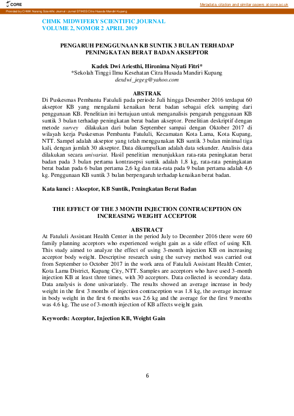 (PDF) Pengaruh Penggunaan KB Suntik 3 Bulan Terhadap Peningkatan Berat Badan Akseptor