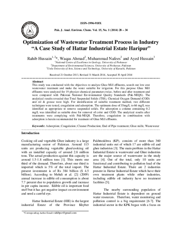 (PDF) Optimization of Wastewater Treatment Process in Industry "A Case Study of Hattar ...