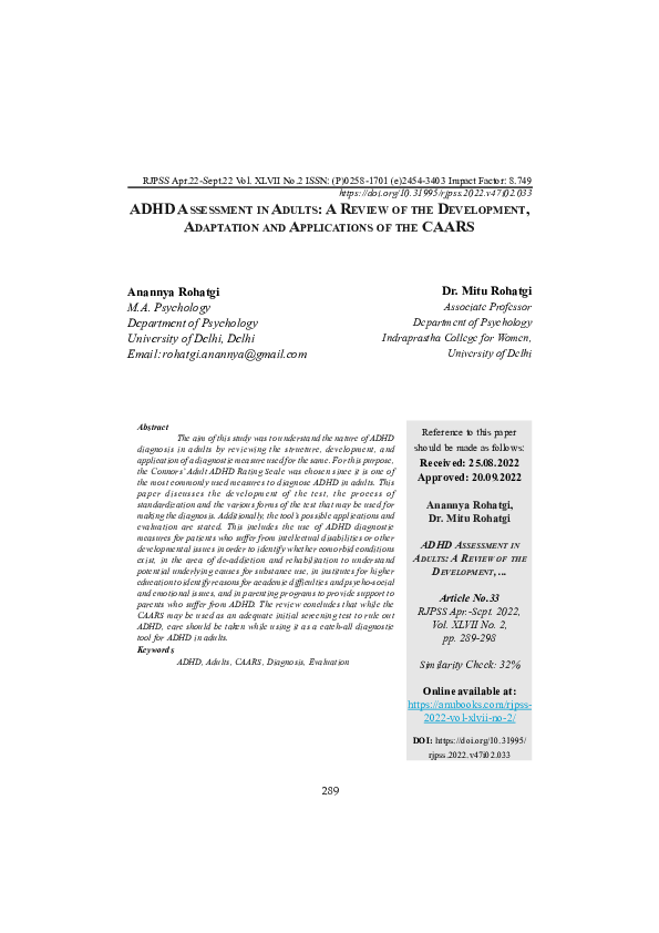 (PDF) ADHD ASSESSMENT IN ADULTS: A REVIEW OF THE DEVELOPMENT ...