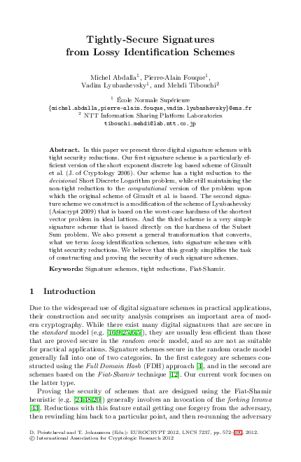 (PDF) Tightly-Secure Signatures from Lossy Identification Schemes